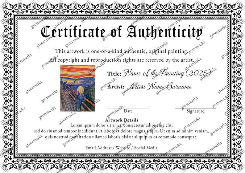 Certificate of Authenticity for Artwork, Editable Certificate of ...