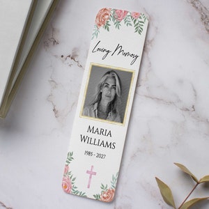 Blush Floral Funeral Bookmark Template Gold and Pink Rose Bookmark ...