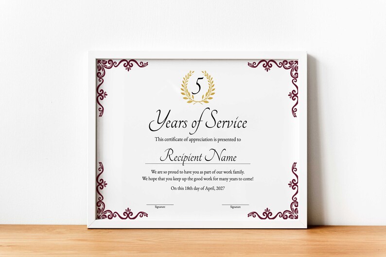 25 Years of Service Anniversary Award Certificate of Appreciation ...