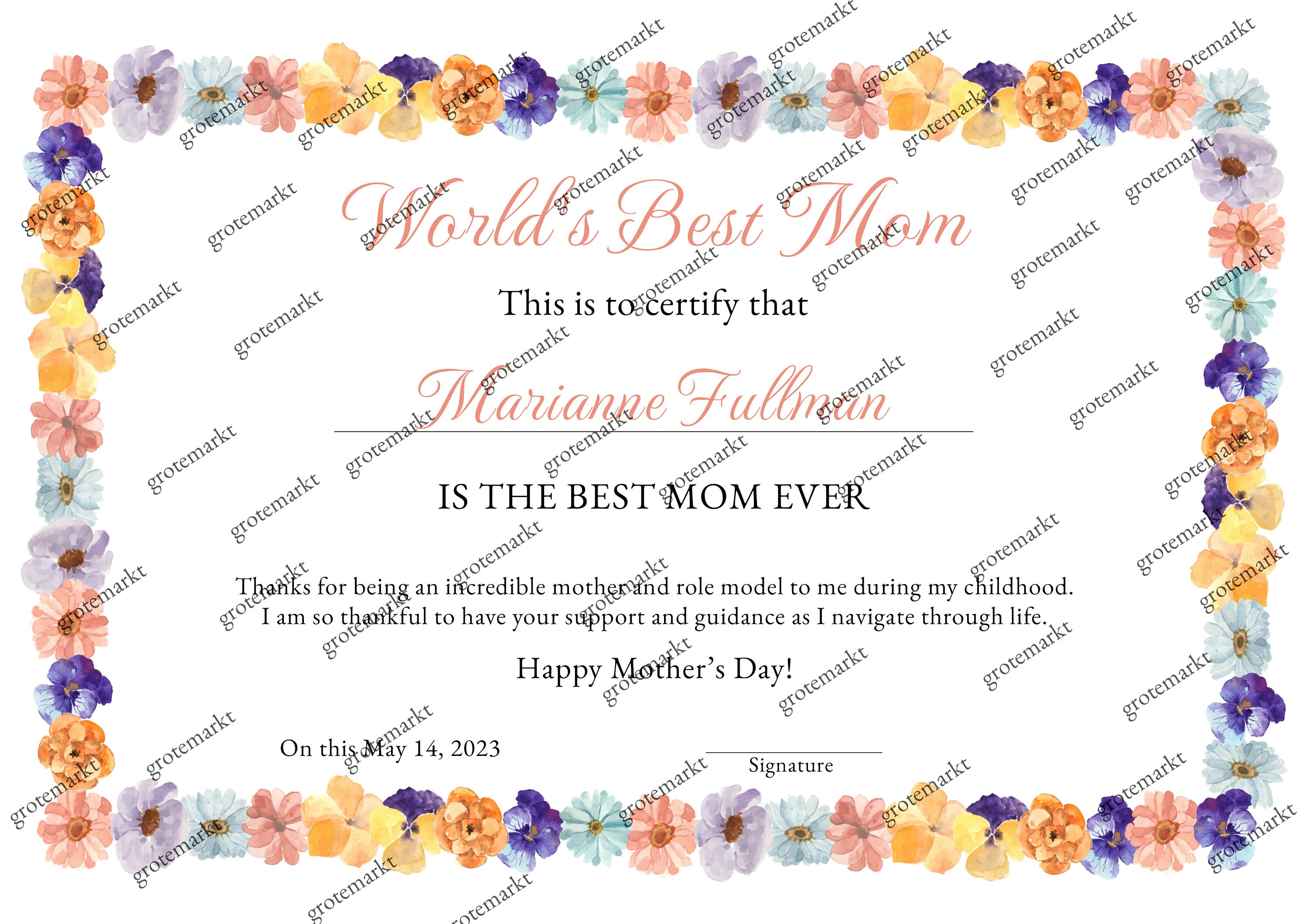 Editable Best Mom Certificate Template, Mother's Day Certificate Best ...