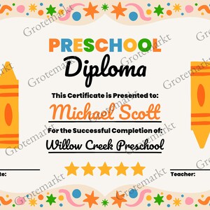 Personalized Printable Preschool Diploma, Editable Children Graduation ...