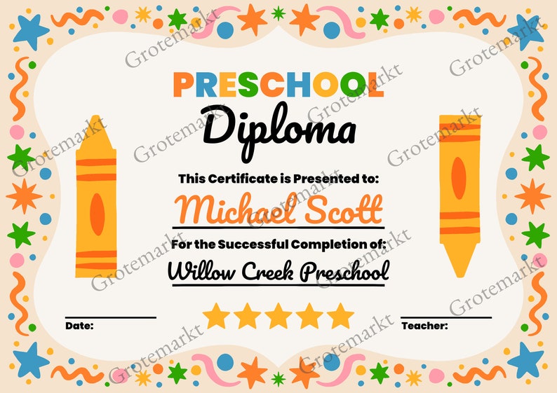 Personalized Printable Preschool Diploma, Editable Children Graduation ...