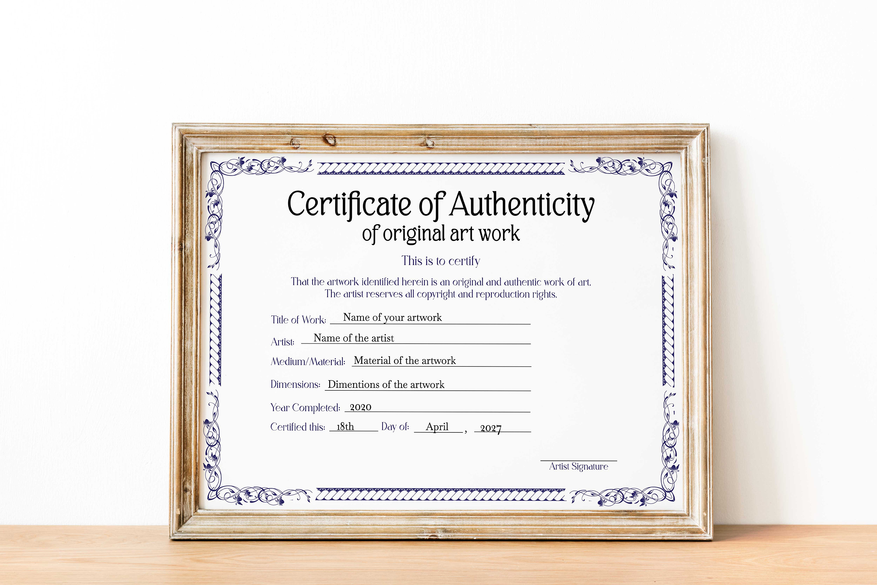 PRINTABLE Certificate of Authenticity for Original Artwork Coa Artist ...