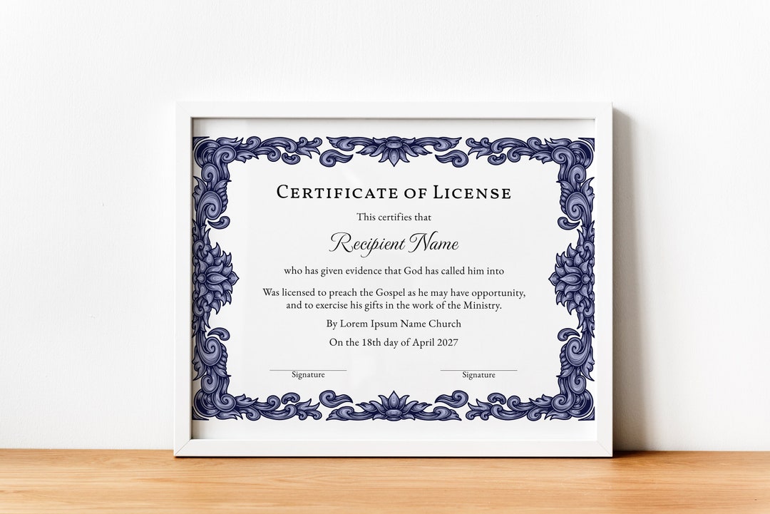 Certificate of License Template Editable License to Preach - Etsy