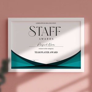 Best Staff Awards, Team Player Award Certificate, EDITABLE Best ...