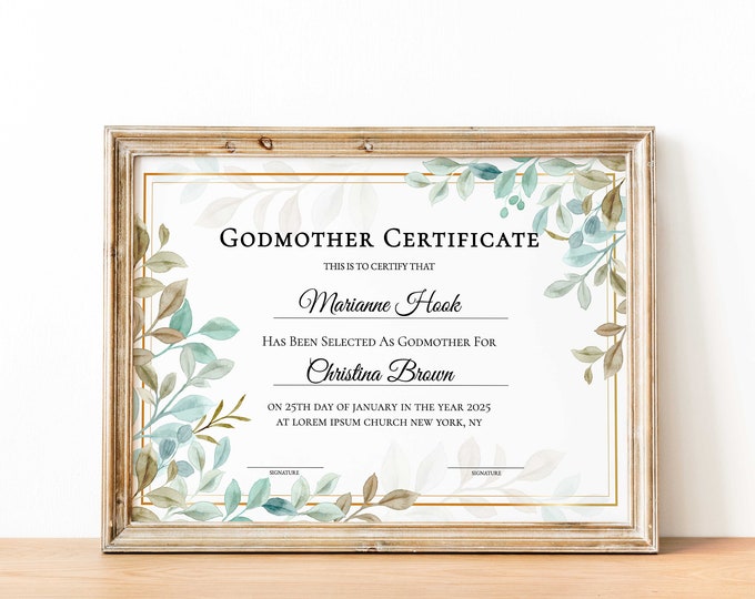 Editable Godparents Certificate Template, Godmother Godfather Printable ...