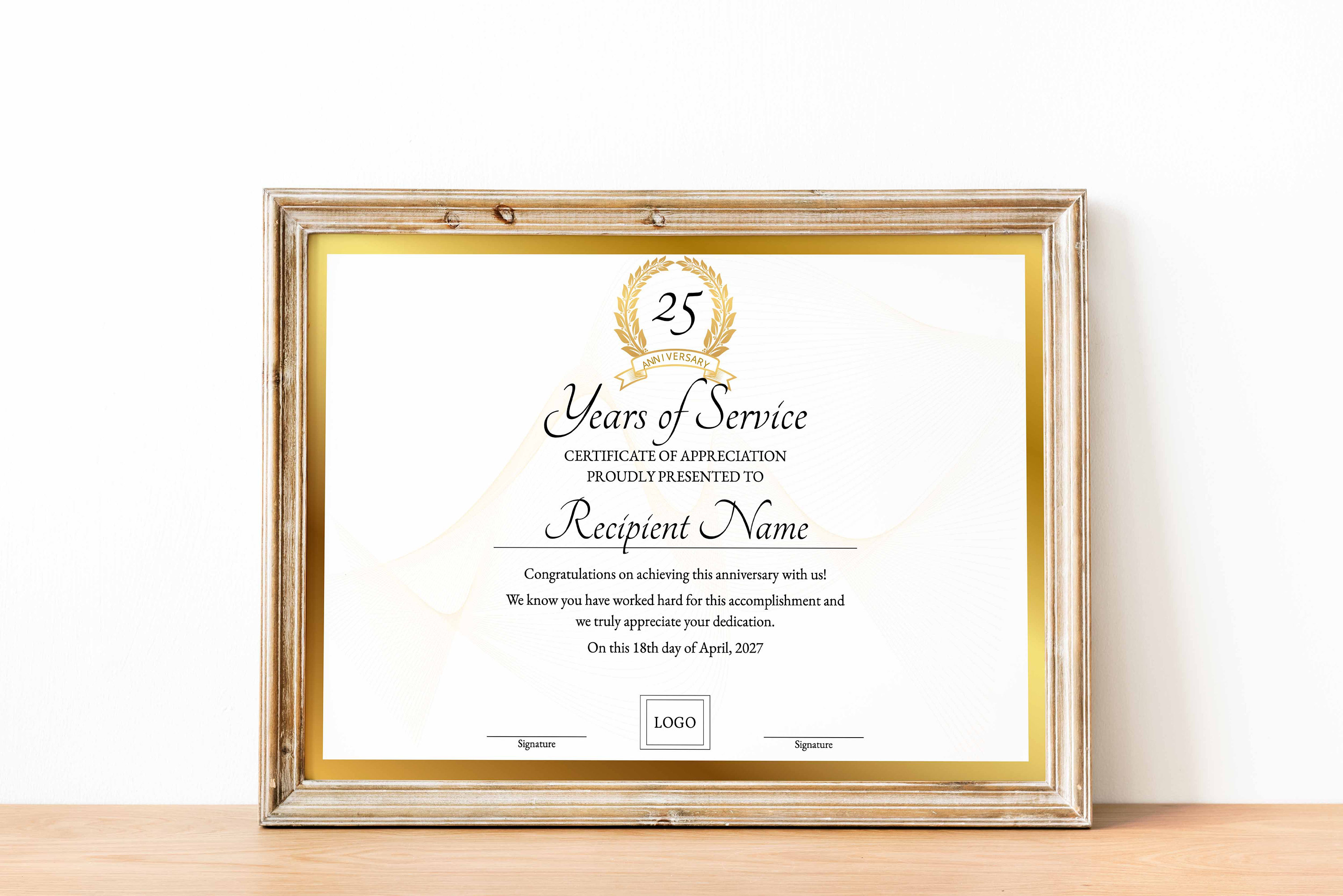 25 Years of Service Anniversary Award Certificate of Appreciation ...