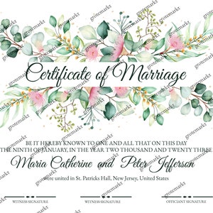 Personalized Floral Editable Wedding Certificate Template, Printable ...