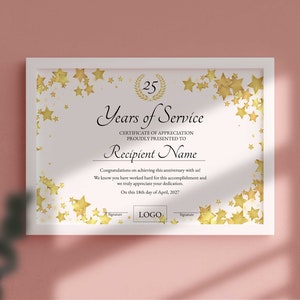 25 Years of Service Anniversary Award Certificate of Appreciation ...