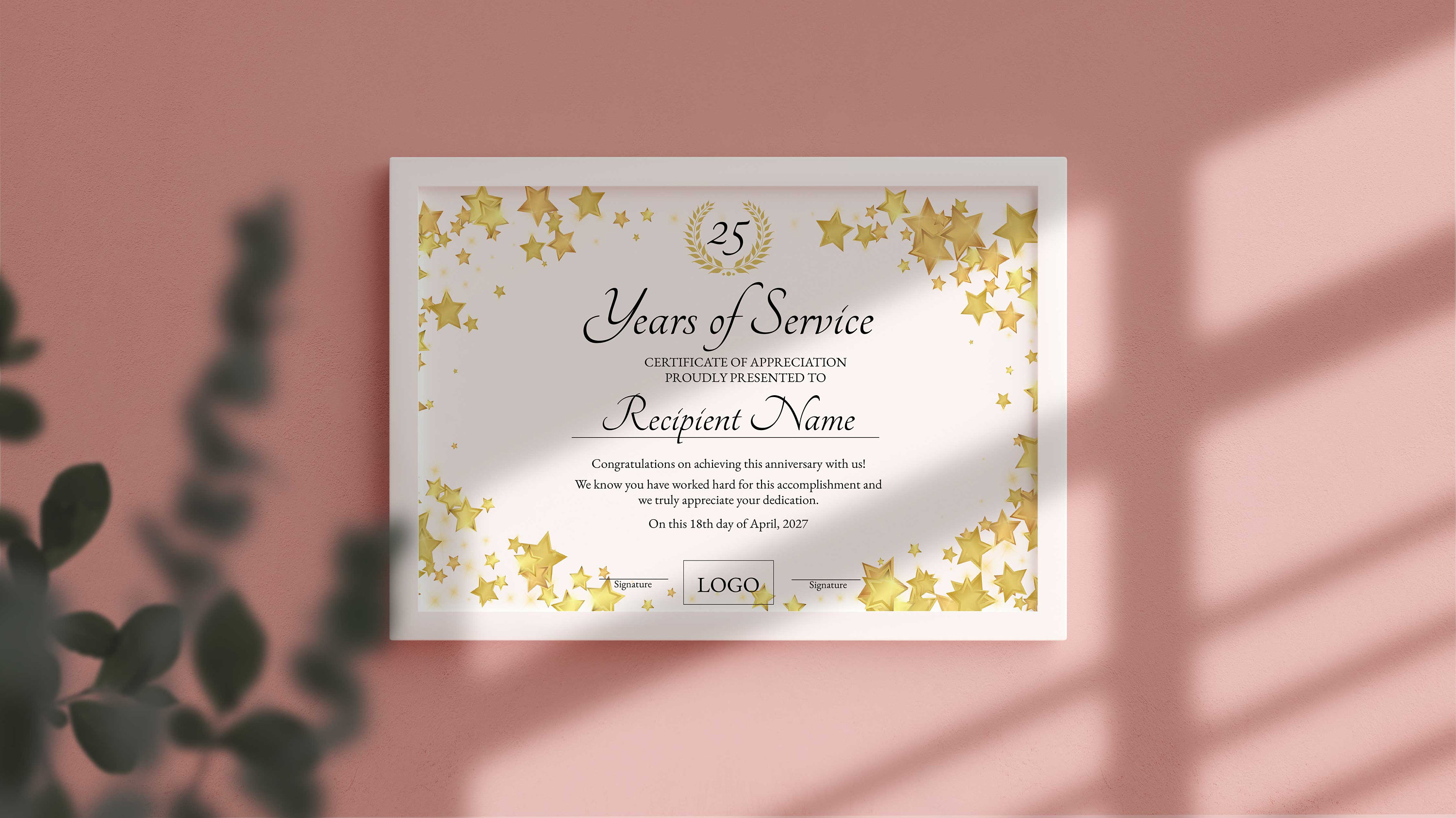 25 Years of Service Anniversary Award Certificate of Appreciation ...