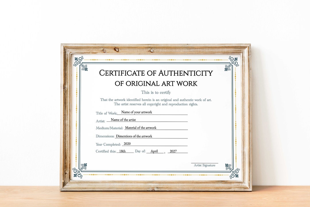 PRINTABLE Certificate of Authenticity for Original Artwork Coa Artist ...