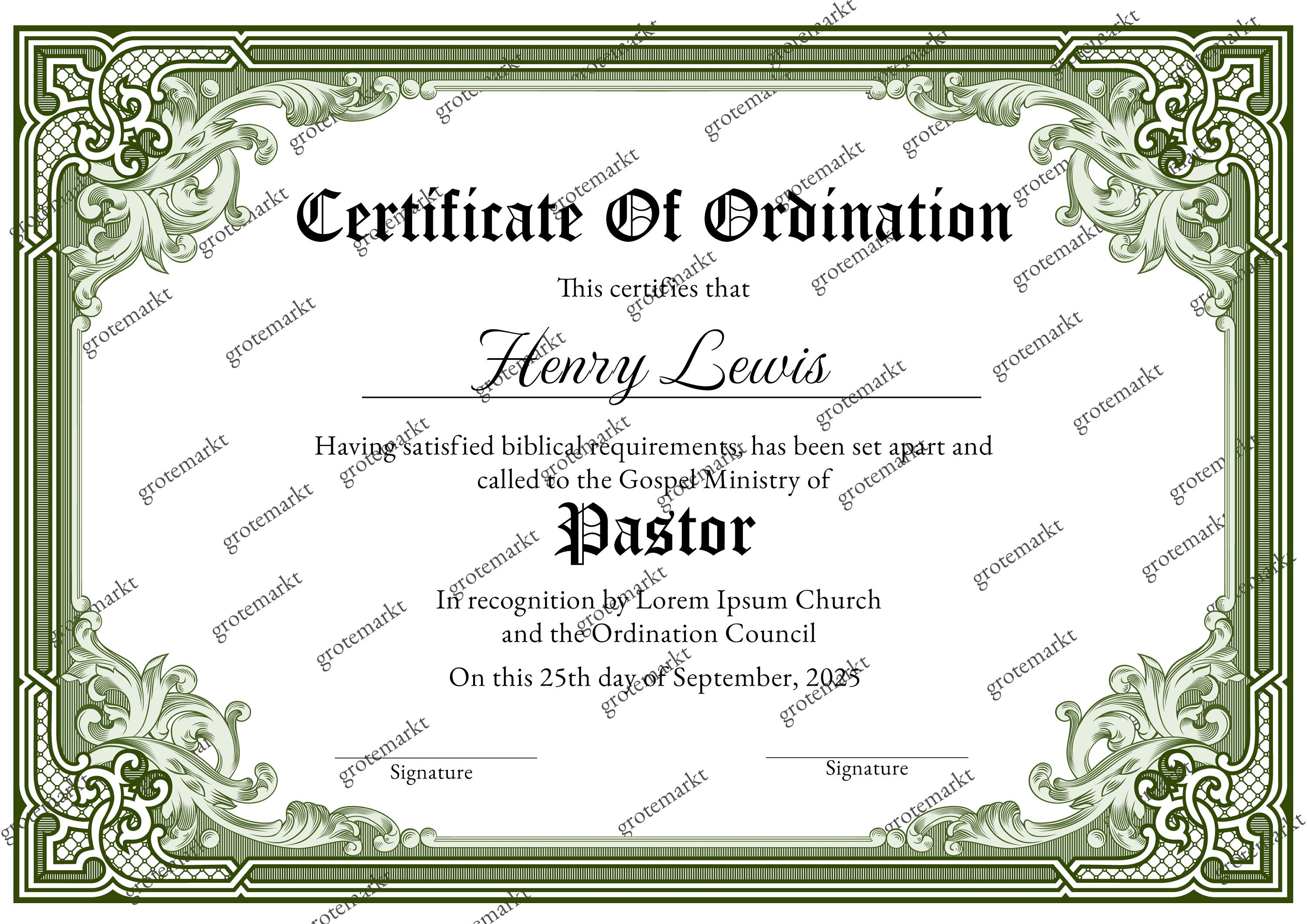 Pastor Ordination Certificate Template, Editable Certificate of Ordination, Printable Ministry ...