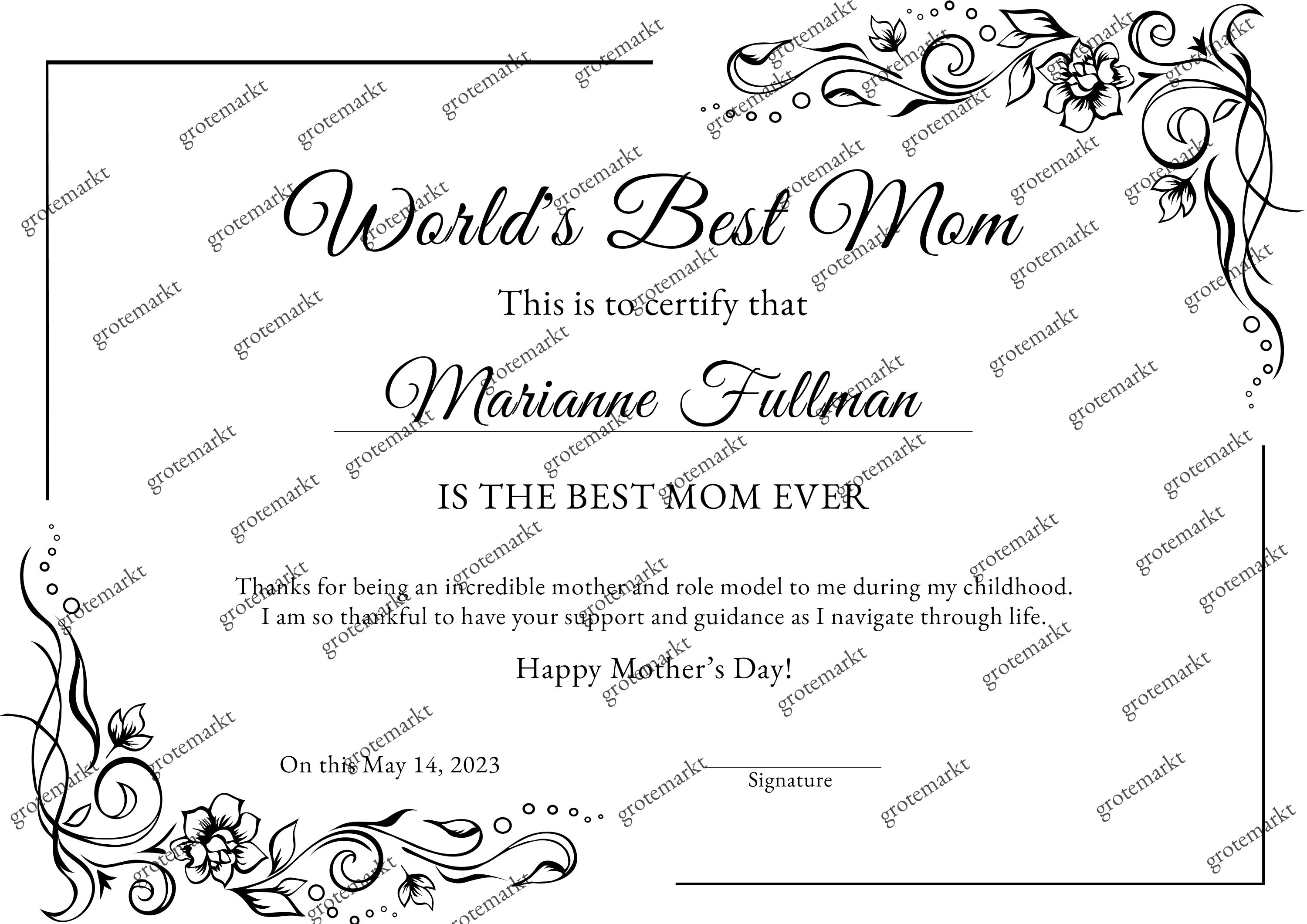 Mother's Day Certificate Templates, Editable Mother's Day Gift ...