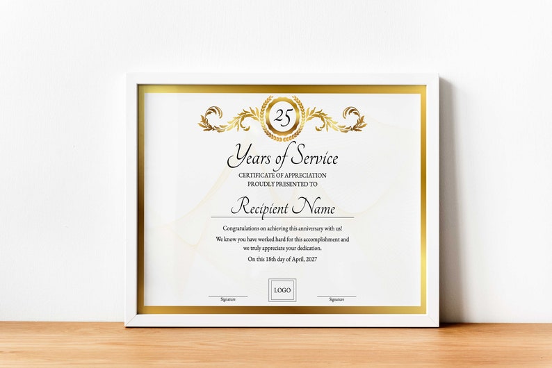 25 Years of Service Anniversary Award Certificate of Appreciation ...
