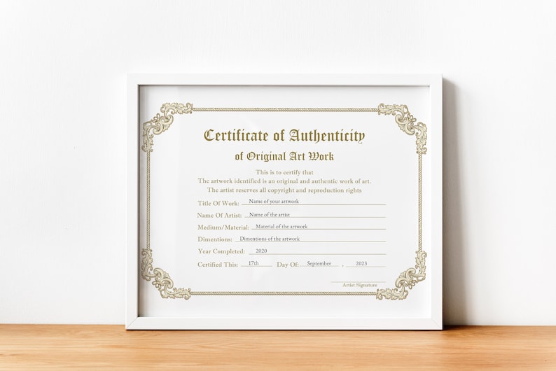 Certificate of Authenticity, Editable Template for Original Art ...