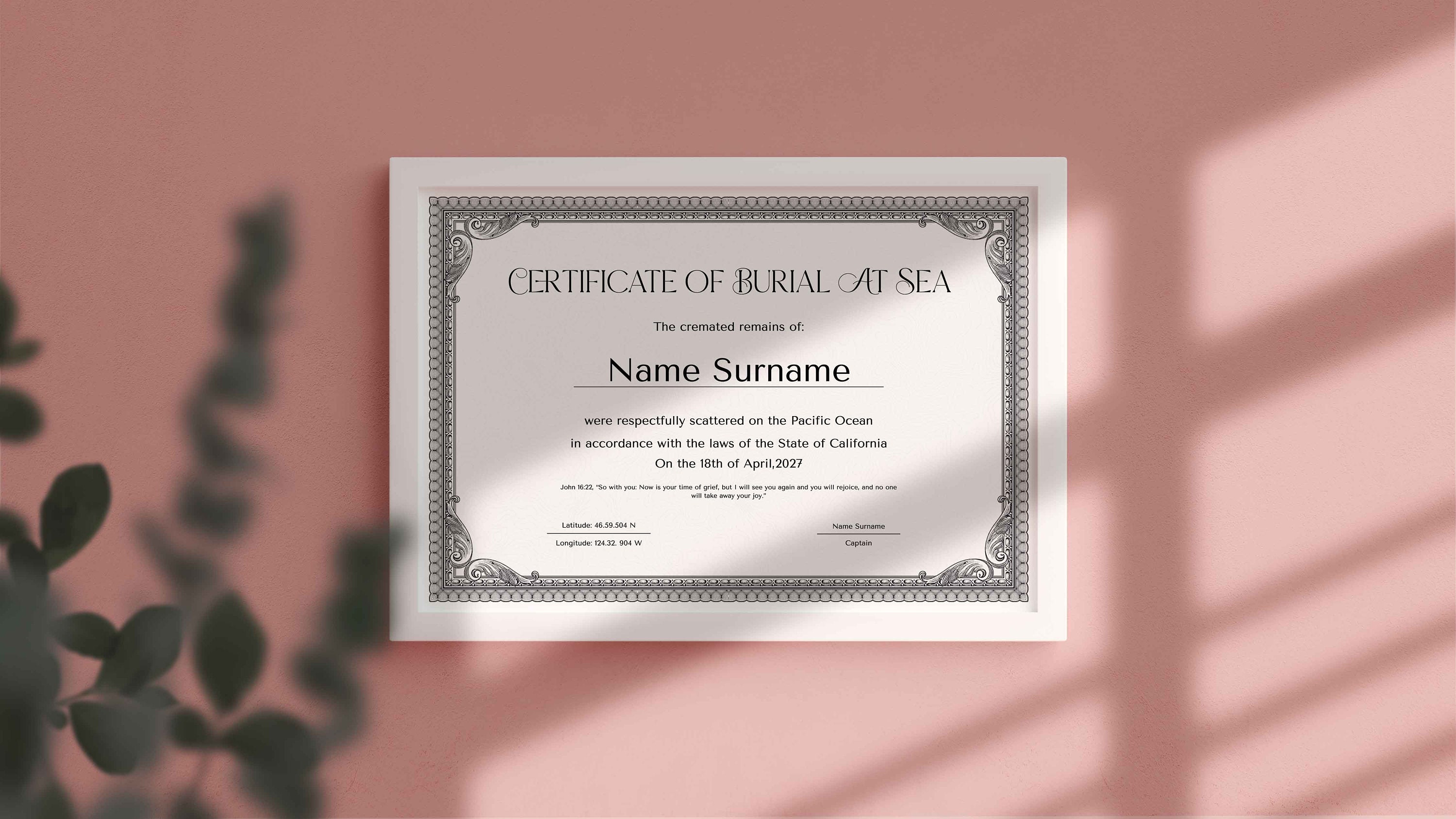 Certificate of Burial at Sea, Spreading Ashes at Sea, Sea Scattering ...