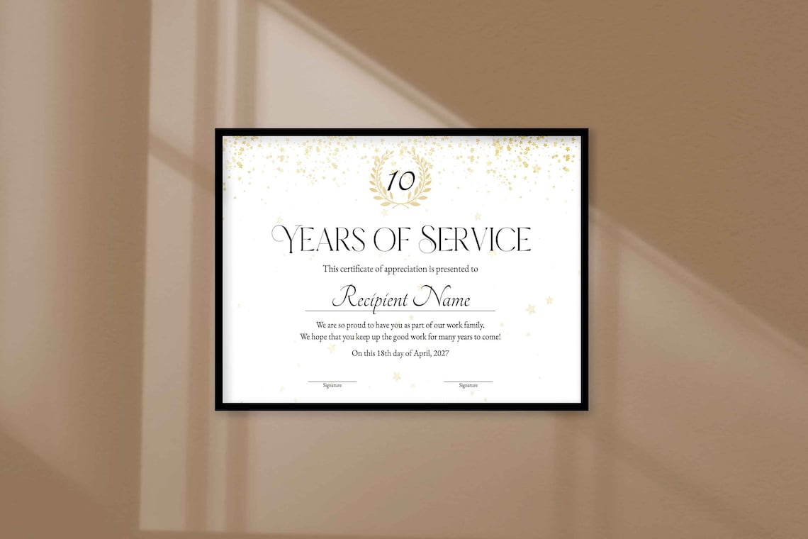 10 Years of Service Anniversary Award Certificate of Appreciation ...