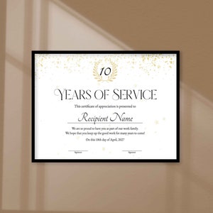 10 Years of Service Anniversary Award Certificate of Appreciation ...