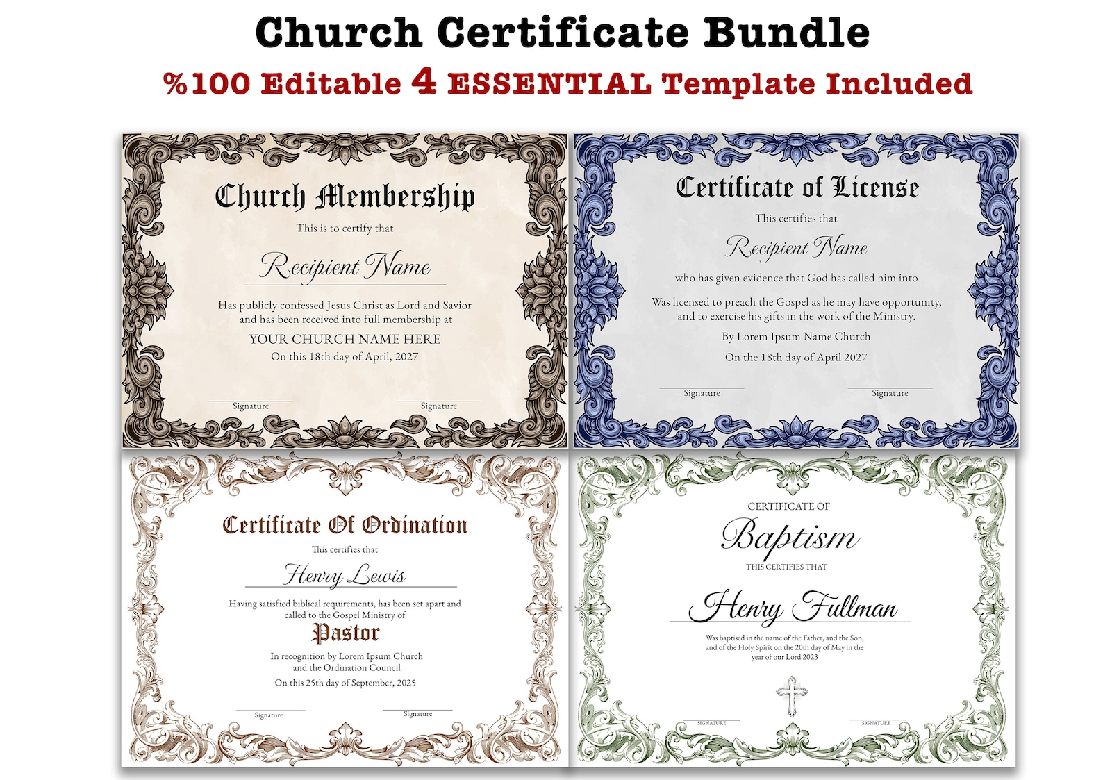 Editable Church Certificates, Ordination, License, Baptism, Church ...