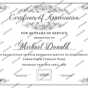 Editable Certificate Years of Service, Elegant Company Award Template ...