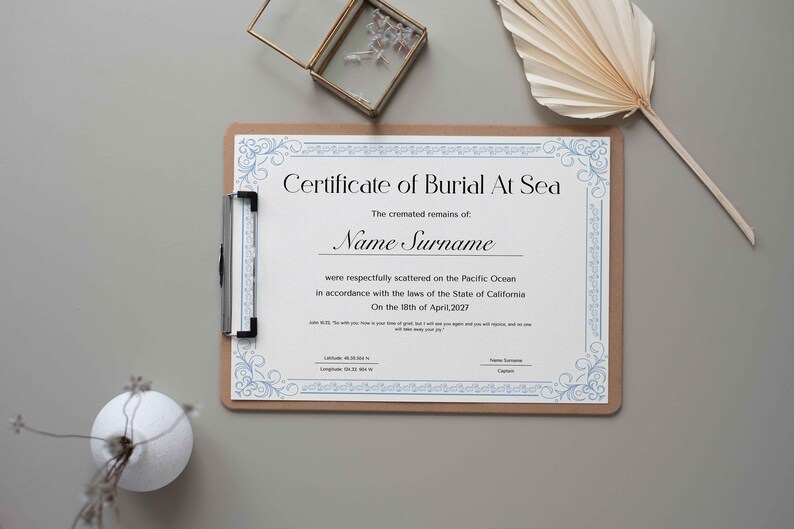 Certificate of Burial at Sea, Spreading Ashes at Sea, Sea Scattering ...
