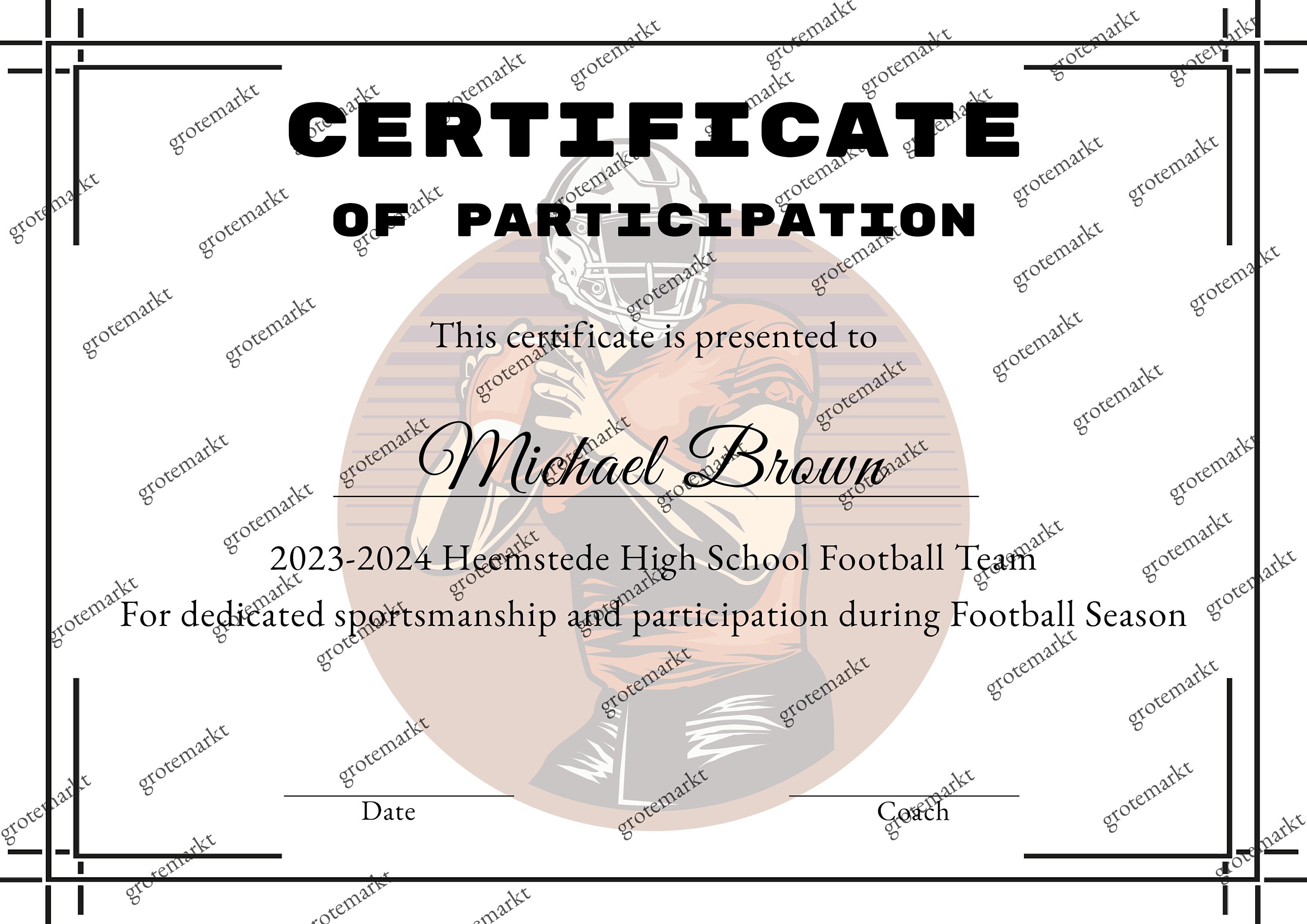 Editable Football Certificate Template, DIY Football Participation ...