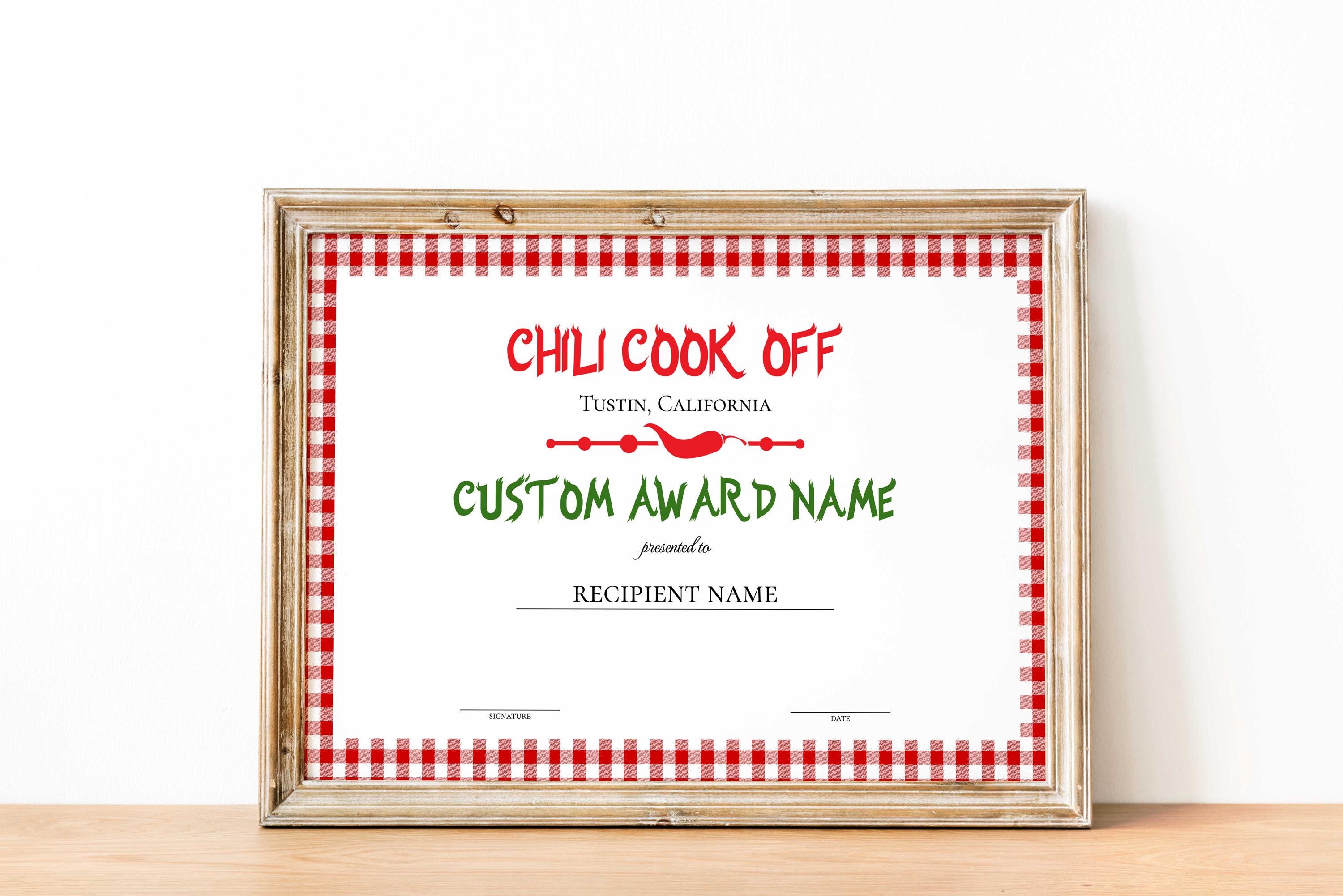 Chili Cook off Certificate, Printable Chili Cook-off Award Winner ...