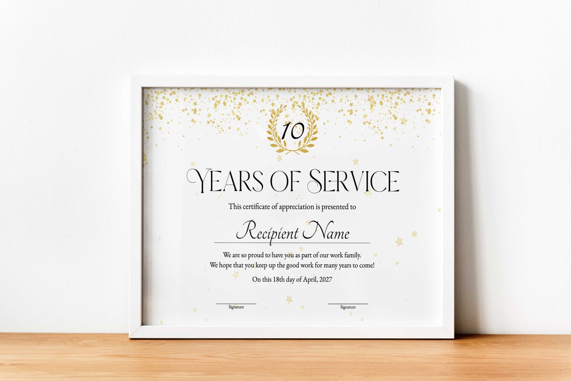 10 Years of Service Anniversary Award Certificate of Appreciation ...