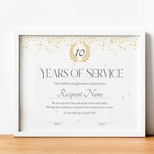 10 Years of Service Anniversary Award Certificate of Appreciation ...