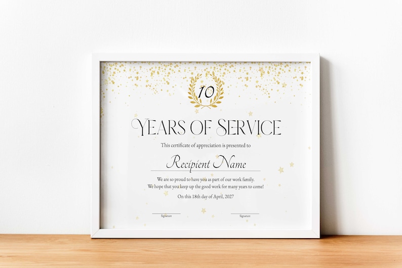 10 Years of Service Anniversary Award Certificate of Appreciation ...