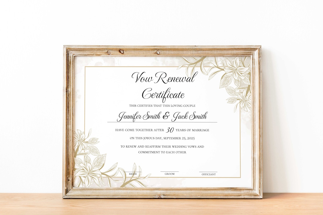 Gold Floral Vow Renewal Certificate, Editable Printable Wedding ...