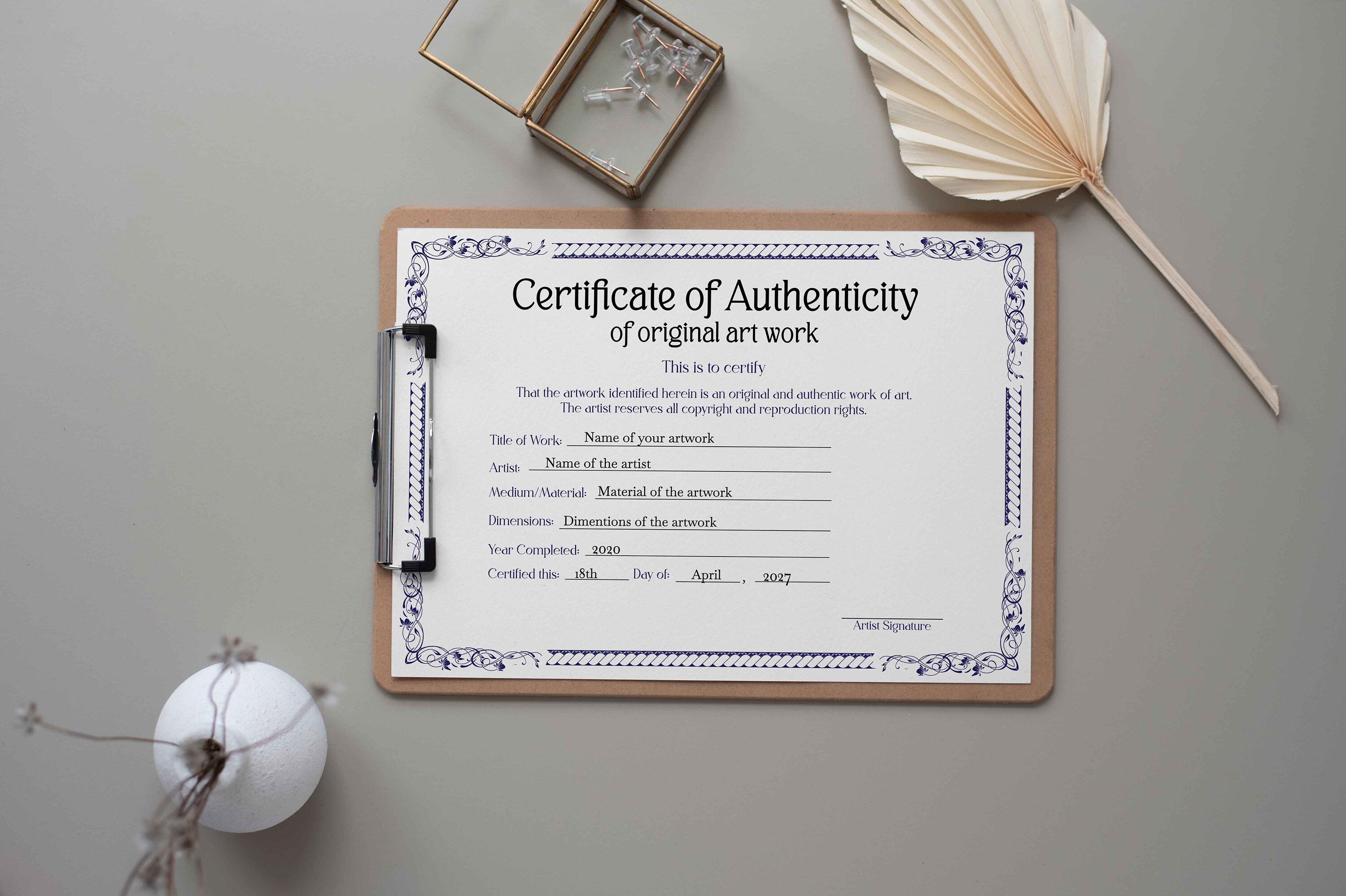 PRINTABLE Certificate of Authenticity for Original Artwork Coa Artist ...