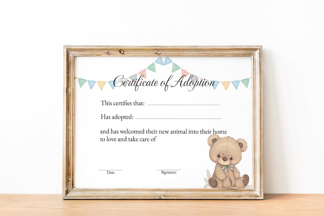 Adoption Certificate for Stuffed Animal, Teddy Bear Adoption ...
