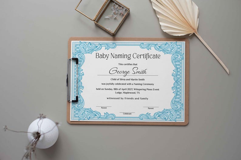 Editable Baby Boy Naming Certificate Template Printable Blue ...