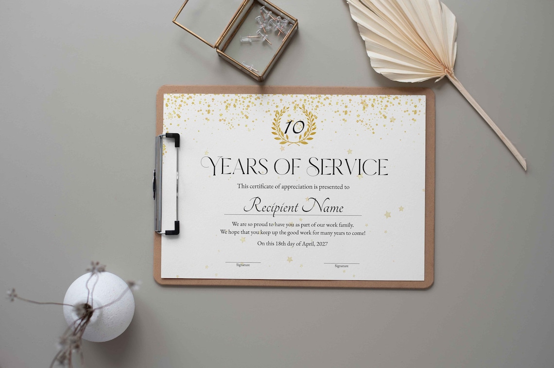 10 Years of Service Anniversary Award Certificate of Appreciation ...