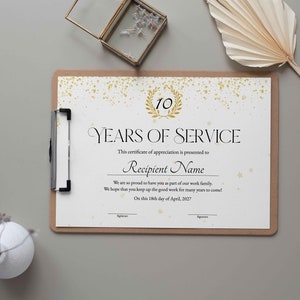 10 Years of Service Anniversary Award Certificate of Appreciation ...