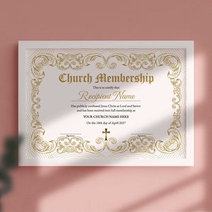 Church Membership Certificate Template, Editable Printable Certificate ...