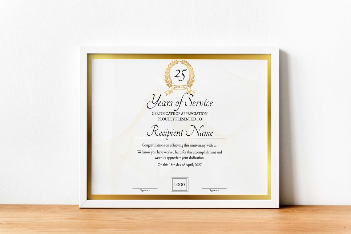25 Years of Service Anniversary Award Certificate of Appreciation ...