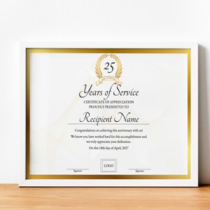 25 Years of Service Anniversary Award Certificate of Appreciation ...