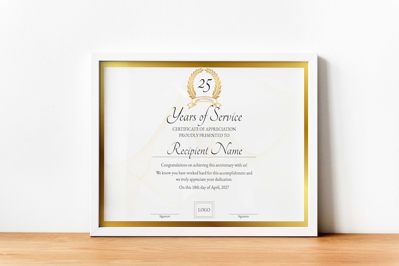 25 Years of Service Anniversary Award Certificate of Appreciation ...
