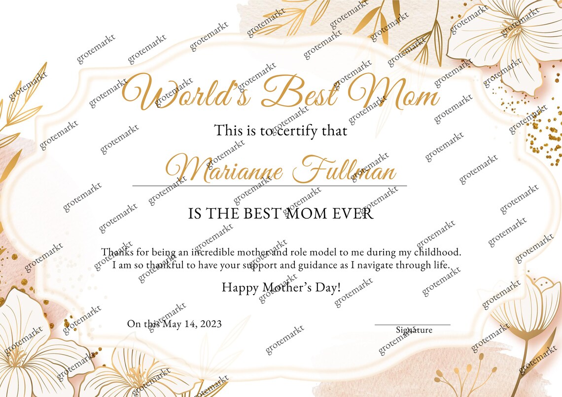 Editable Best Mom Certificate Template, Mother's Day Certificate Best ...