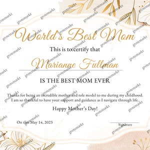 Editable Best Mom Certificate Template, Mother's Day Certificate Best ...