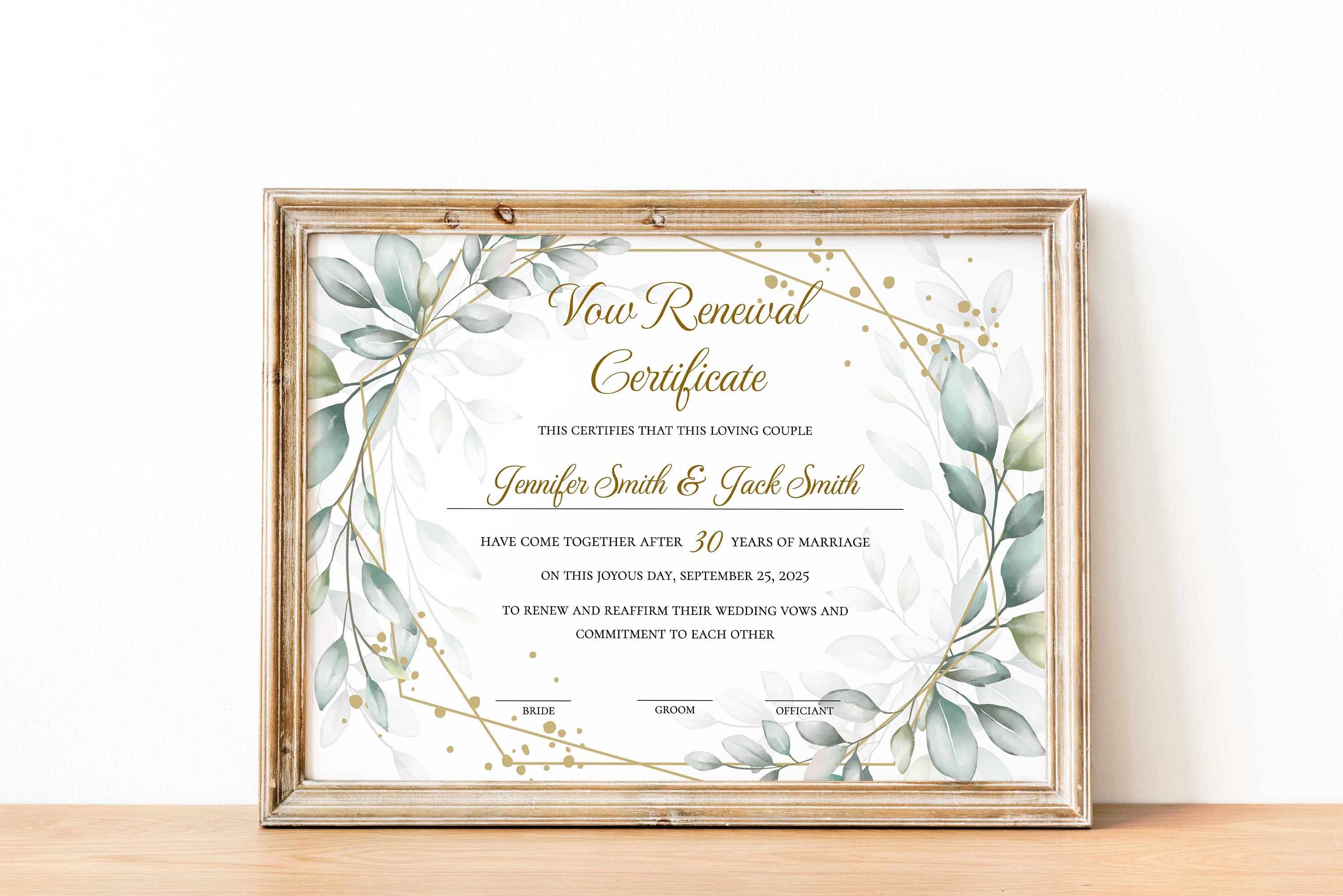 Elegant Vow Renewal Certificate Template, Greenery Marriage Commitment ...