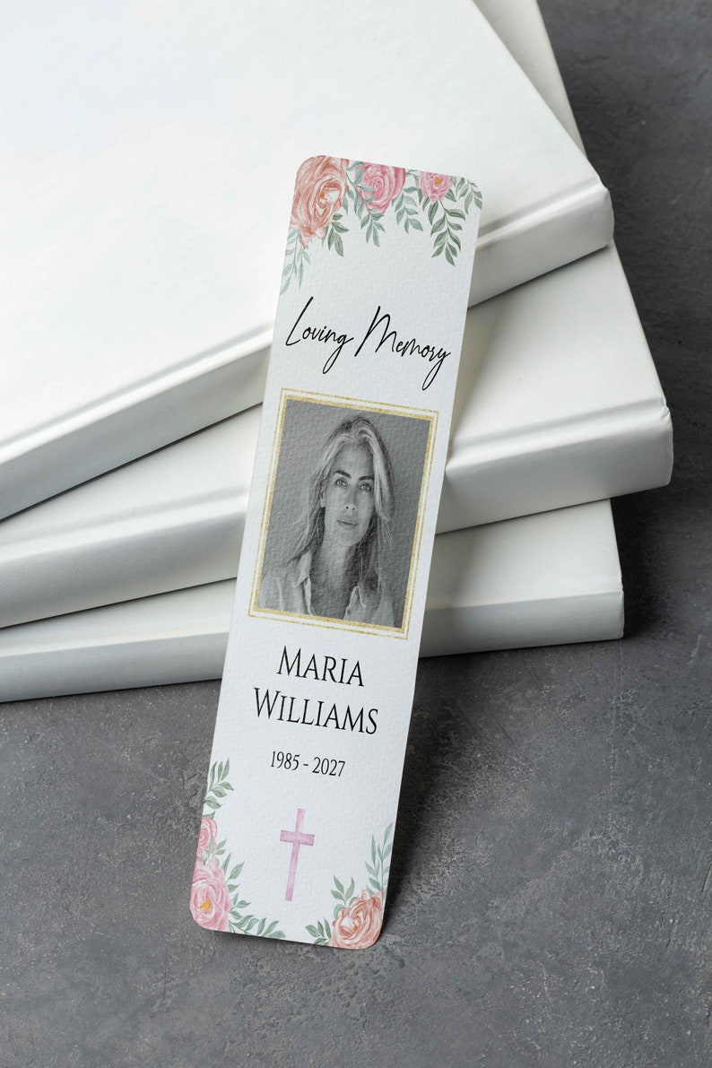 Blush Floral Funeral Bookmark Template Gold and Pink Rose Bookmark ...