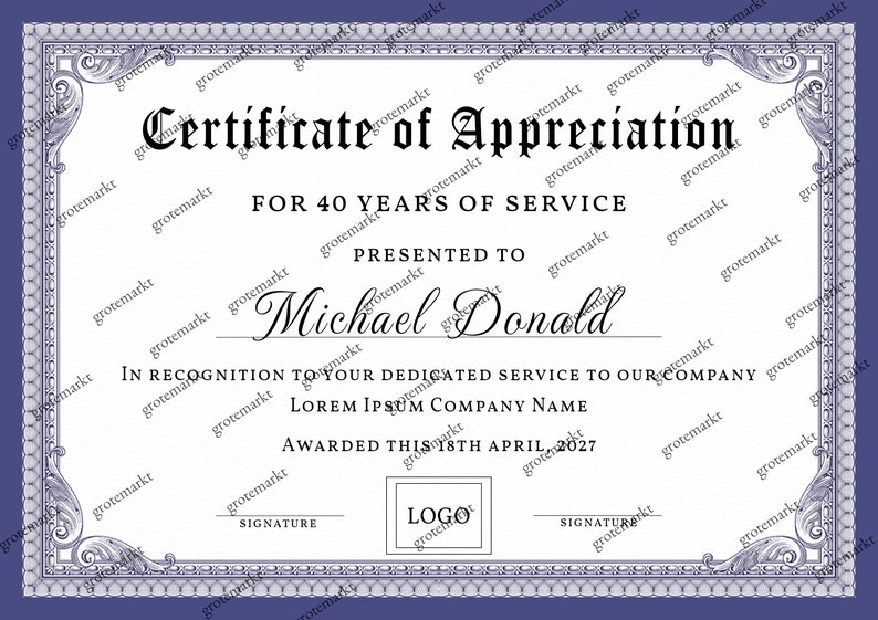 Editable Years of Service Certificate of Appreciation Template, Elegant Corporate Employee Award ...