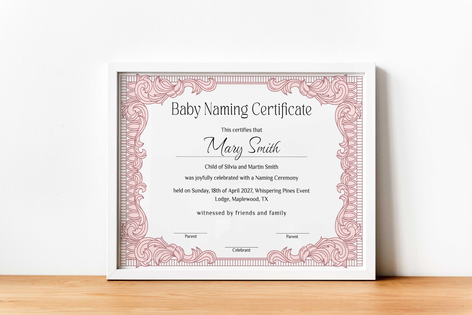 Editable Baby Girl Naming Certificate Template Printable Pink ...