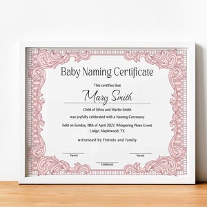 Editable Baby Girl Naming Certificate Template Printable Pink ...