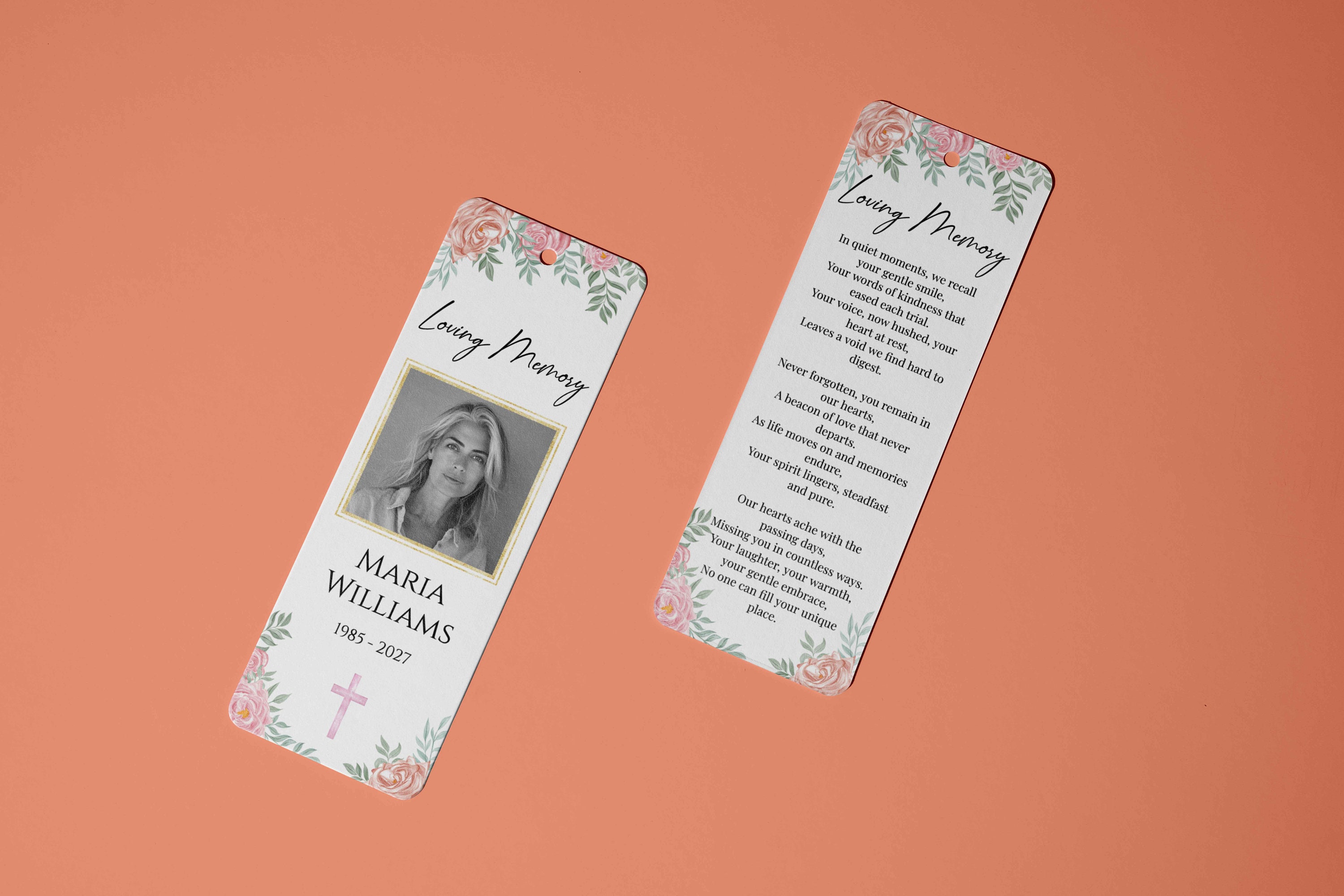 Blush Floral Funeral Bookmark Template Gold and Pink Rose Bookmark ...