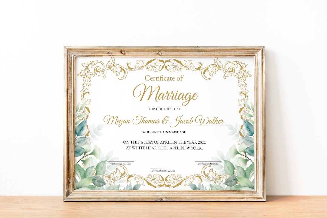 Greenery Wedding Certificate Template, Editable Printable Wedding ...