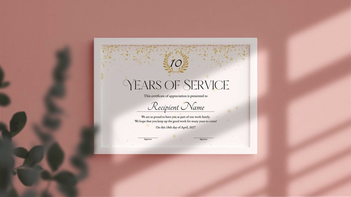 10 Years of Service Anniversary Award Certificate of Appreciation ...